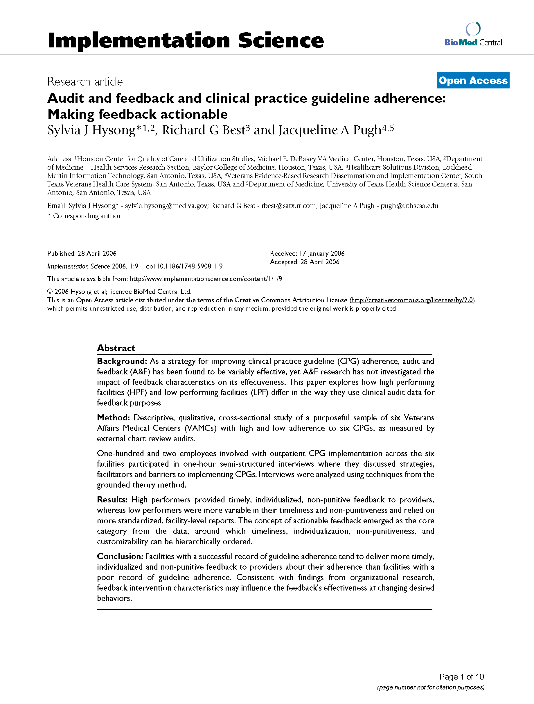 Audit and Feedback and Clinical Practice Guideline Adherence: Making Feedback Actionable – CRC ...