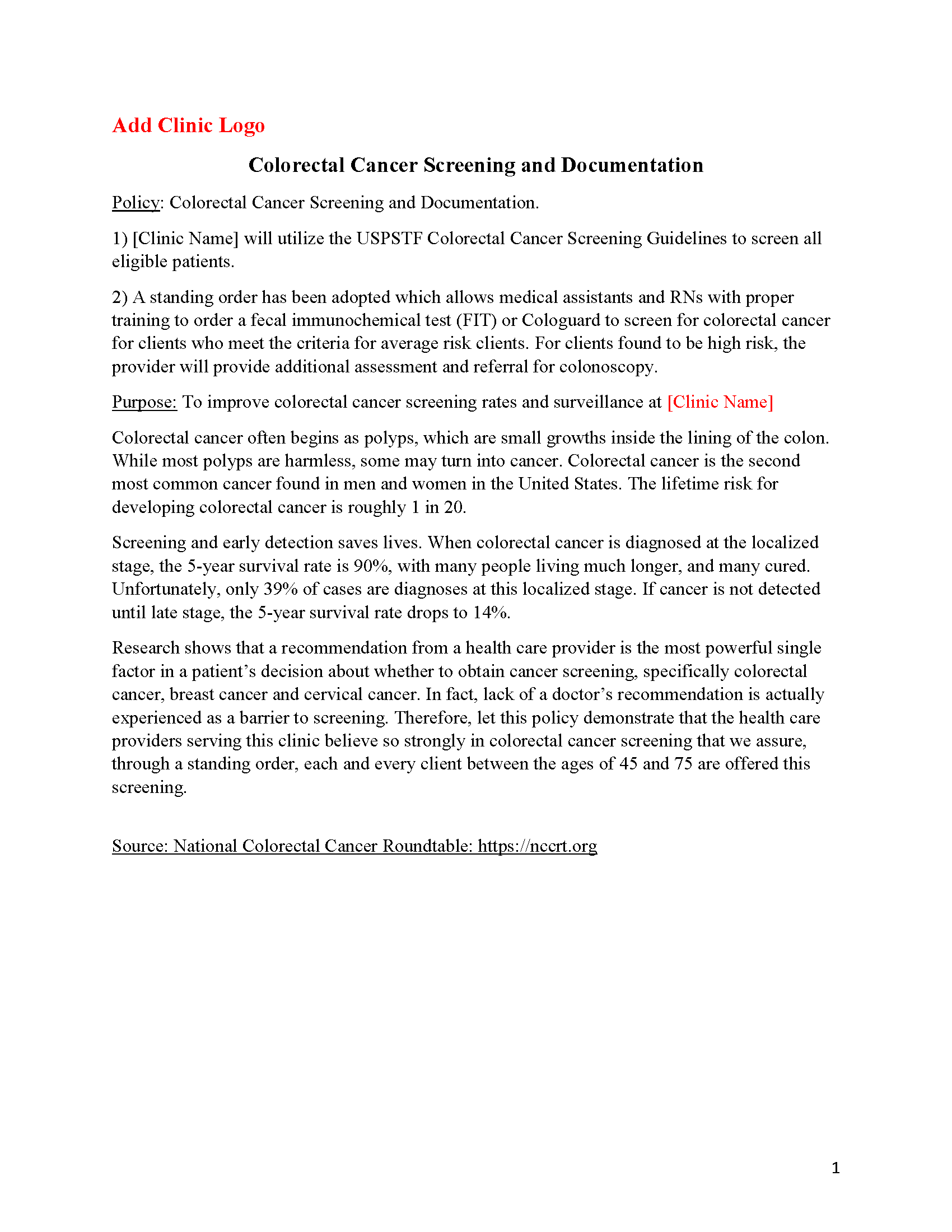 Policy Example: Colorectal Cancer Screening and Documentation – CRC ScreeND